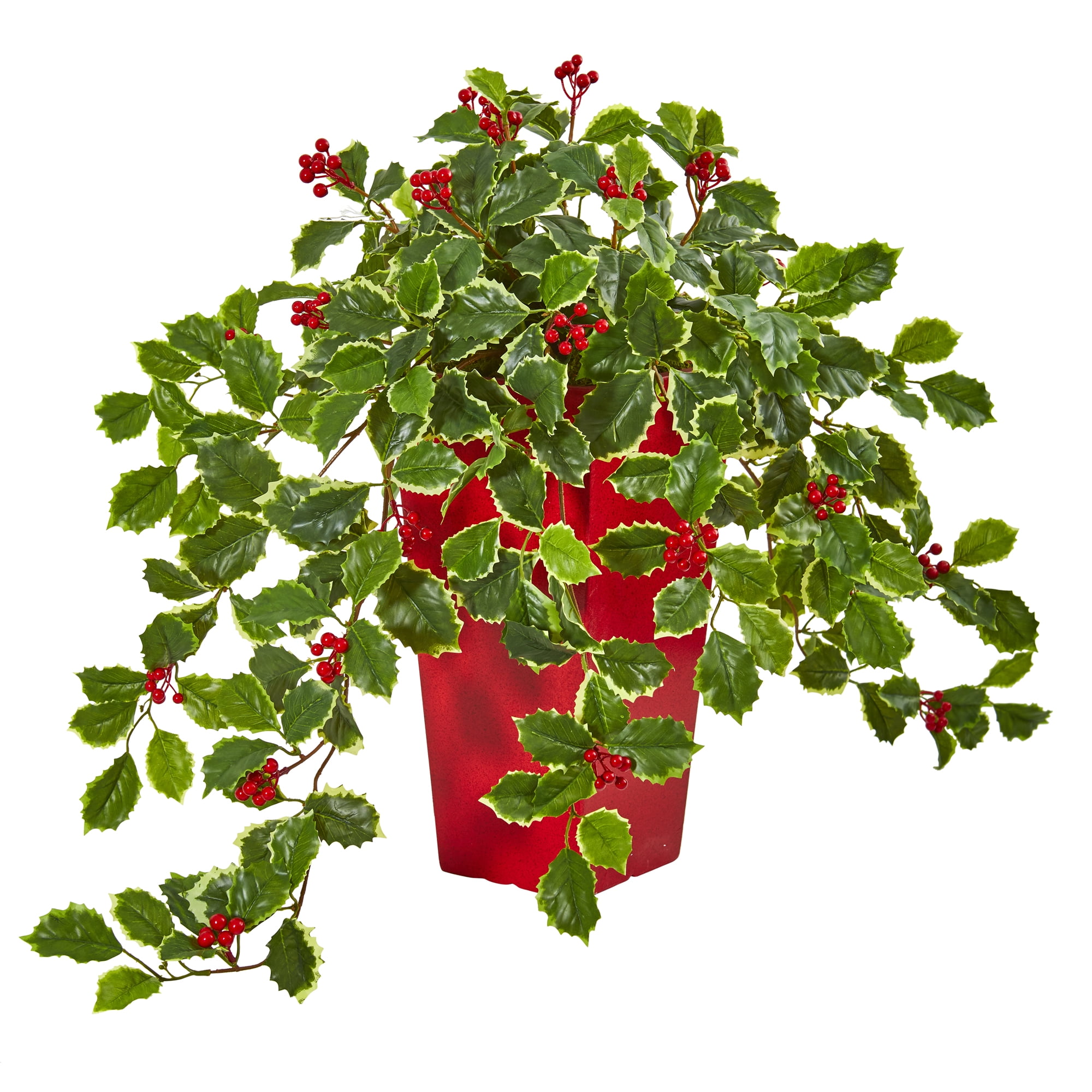 Nearly Natural 23” Variegated Holly with Berries Artificial Plant in ...