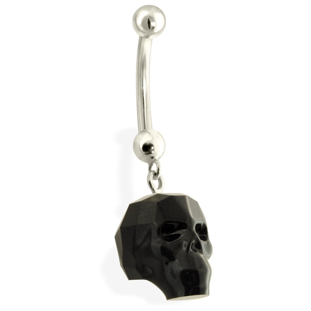 14K Gold Belly Ring With Dangling Black Skull,14K White Gold - Walmart.com