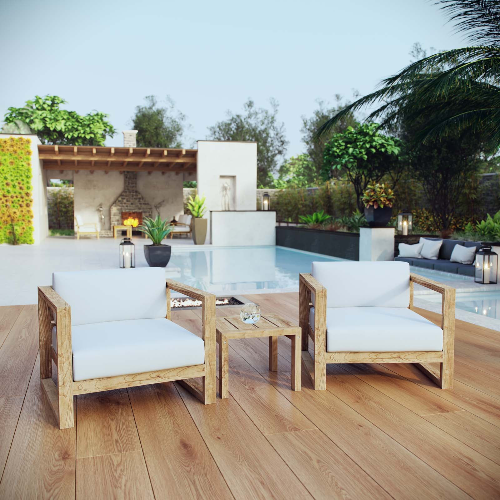 Modway Upland 3 Piece Outdoor Patio Teak Set in Natural White - Walmart.com