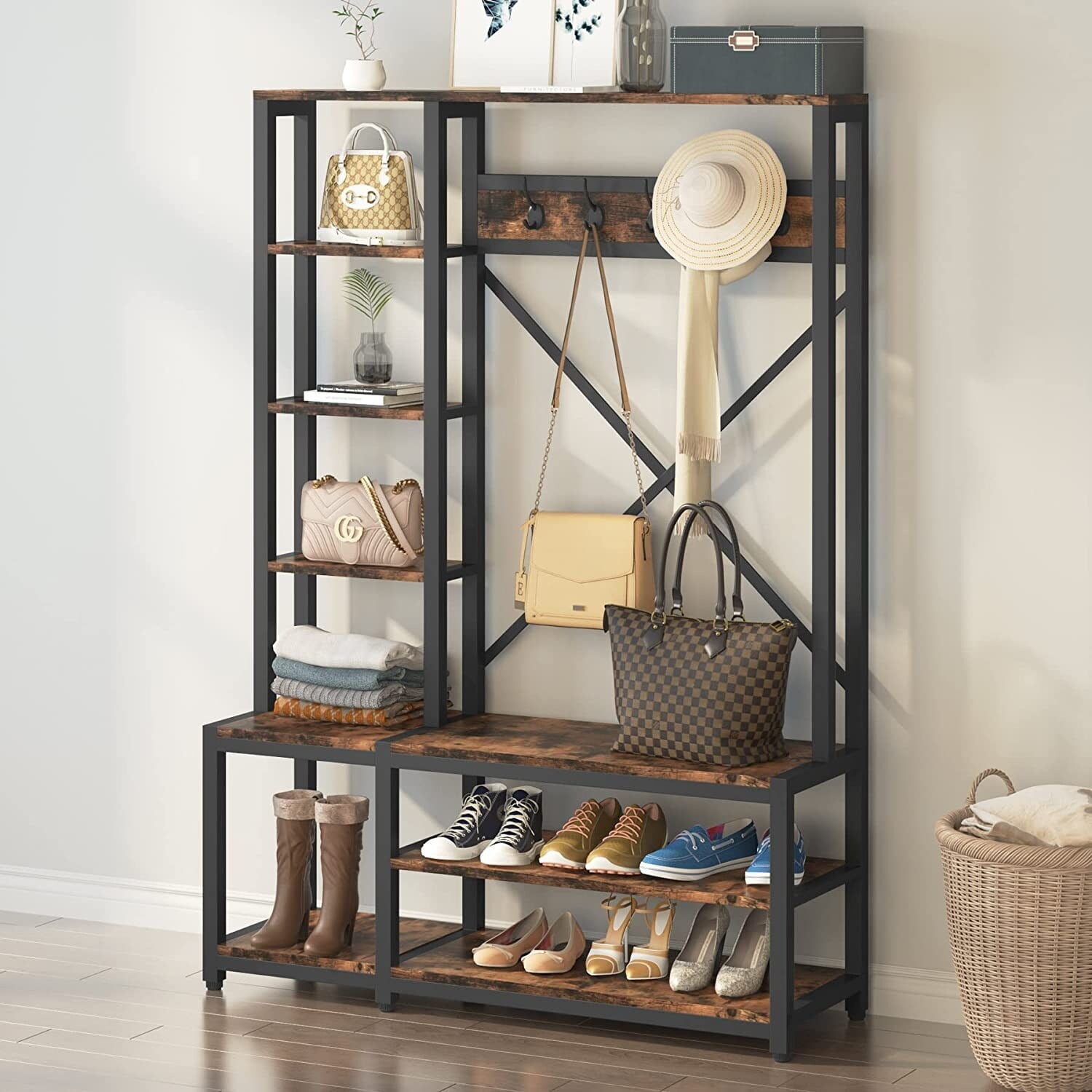 4-in-1 Entryway Hall Tree with Side Storage Shelves, Storage Shelving ...