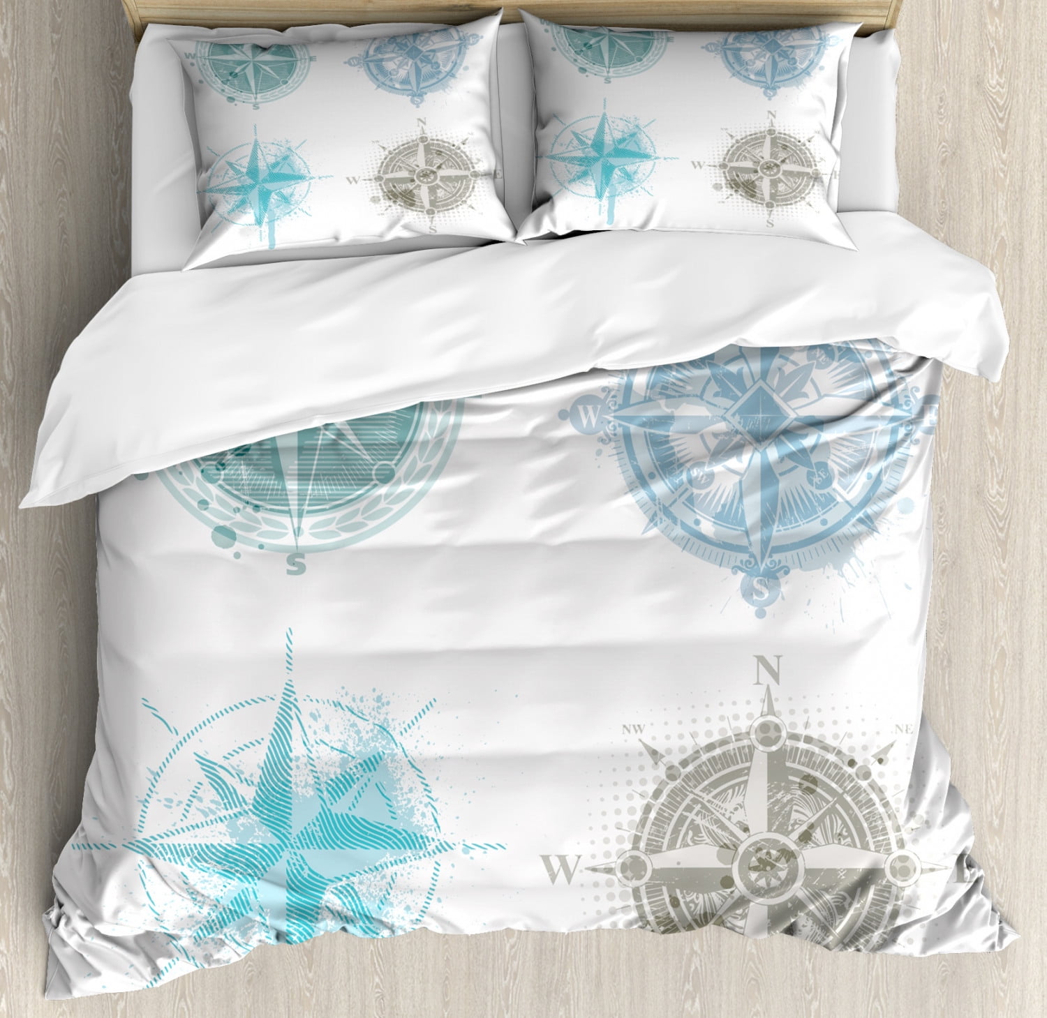 Compass Duvet Cover Set Queen Size, Four Different Windrose Figures ...