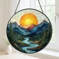 Sunset Mountain Forest River Stained Glass Style Suncatcher Window ...