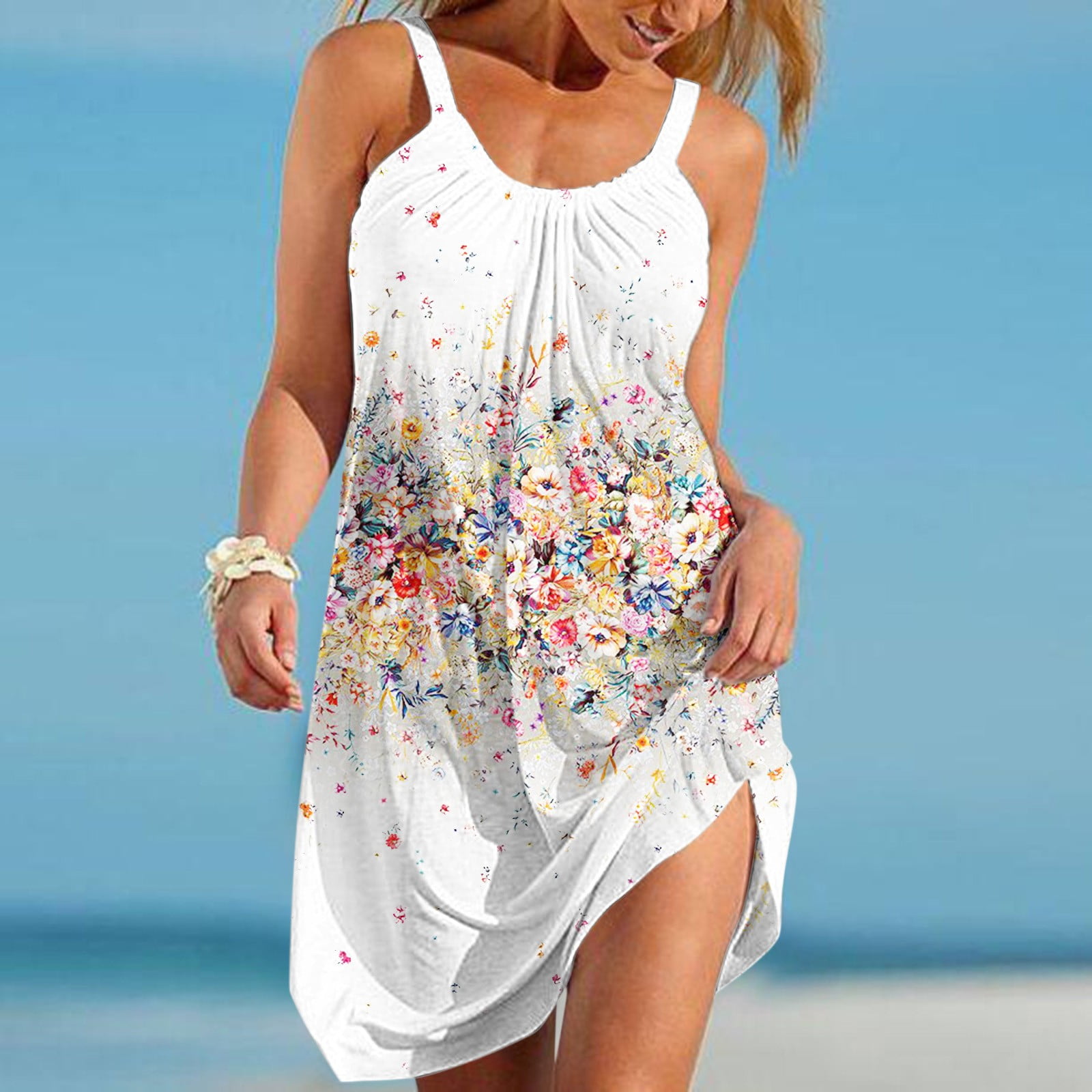 Amousa Ladies Casual Floral Print Boho Beach Dress Sleeveless Cute