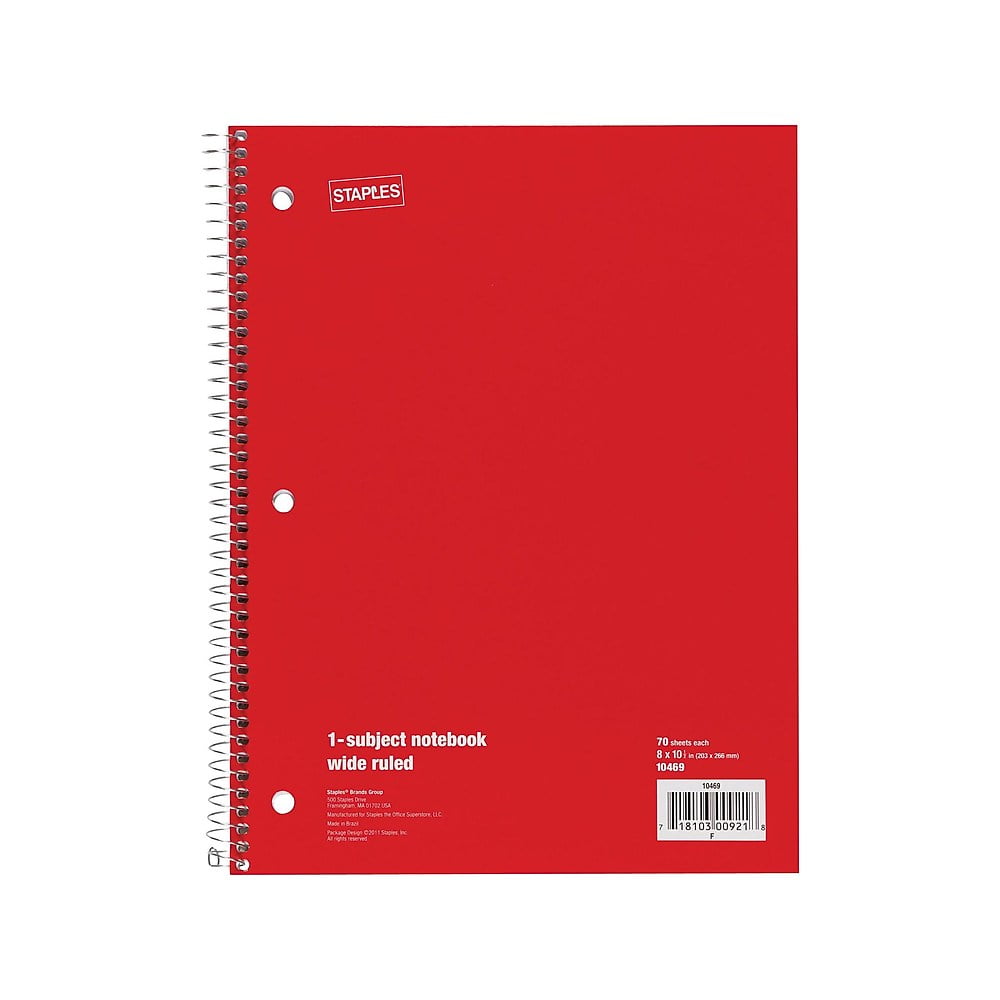 Staples 1 Subject Notebook 8 X 10 5 Wide Ruled 70 Sheets Red 24007m