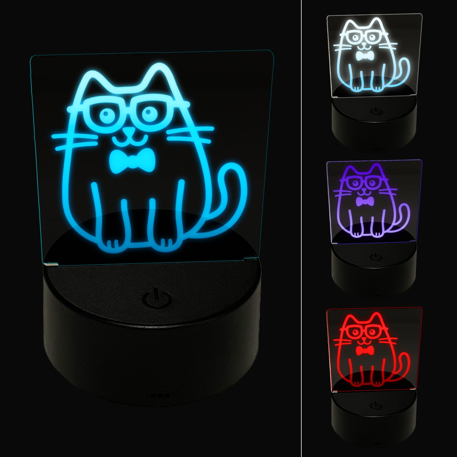 Cat Smart with Glasses and Bowtie LED Night Light Sign 3D Illusion Desk ...