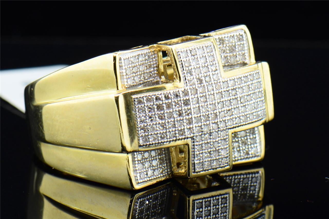 Diamond Pinky Ring Cross Design Mens 10K Yellow Gold Round Cut Pave 1/2 ...