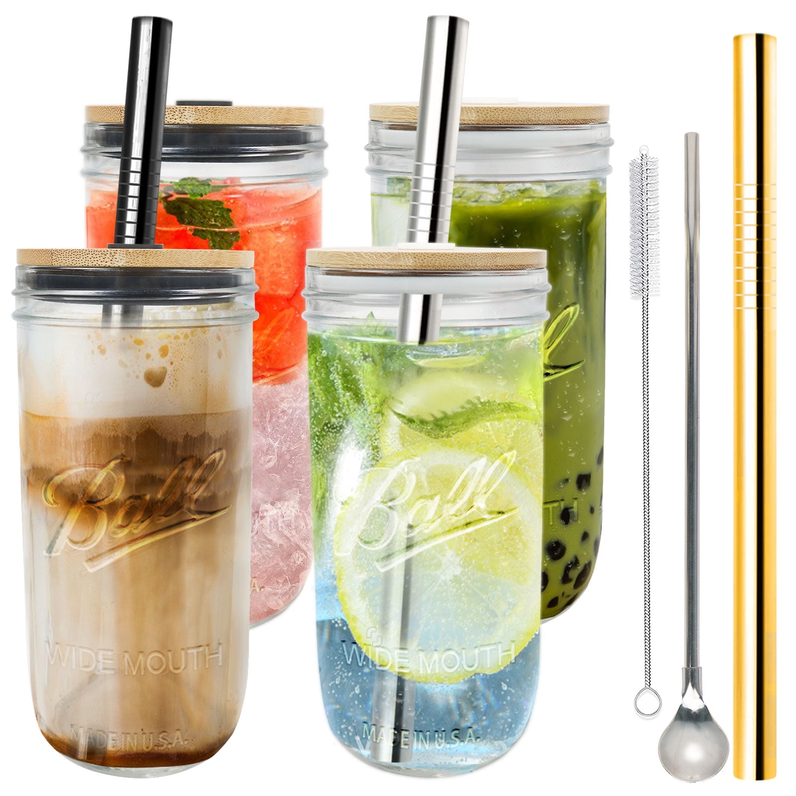 Buy HISTOYE 4 Pack Glass Cups with Lids and Straws,24oz Wide Mouth ...