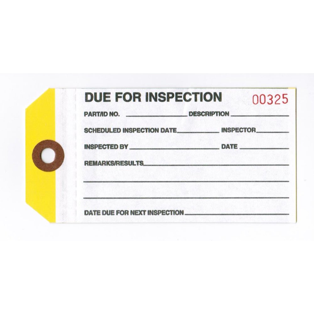 "Due For Inspection" Tags, Numbered, 2-Part with Carbon and Fiber ...