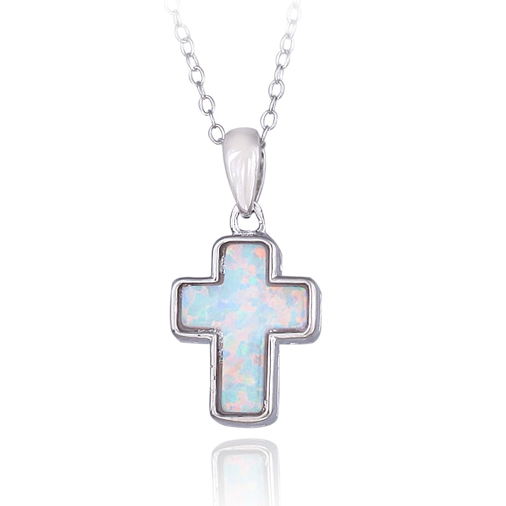 Sterling Silver Created White Opal Cross Necklace - Walmart.com