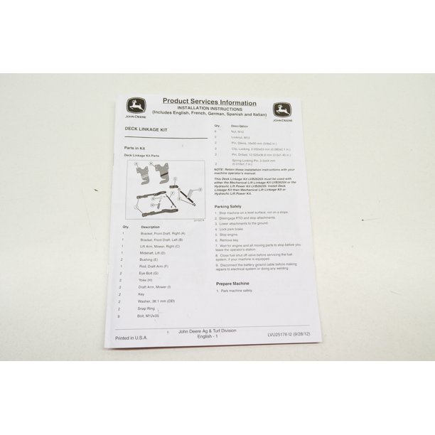 OEM John Deere Installation Instructions Deck Linkage Kit - Walmart.com
