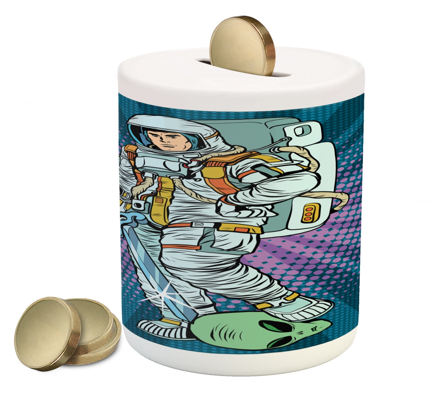 Astronaut Piggy Bank, Galaxy and Severed Alien Head Masculine Space Era ...