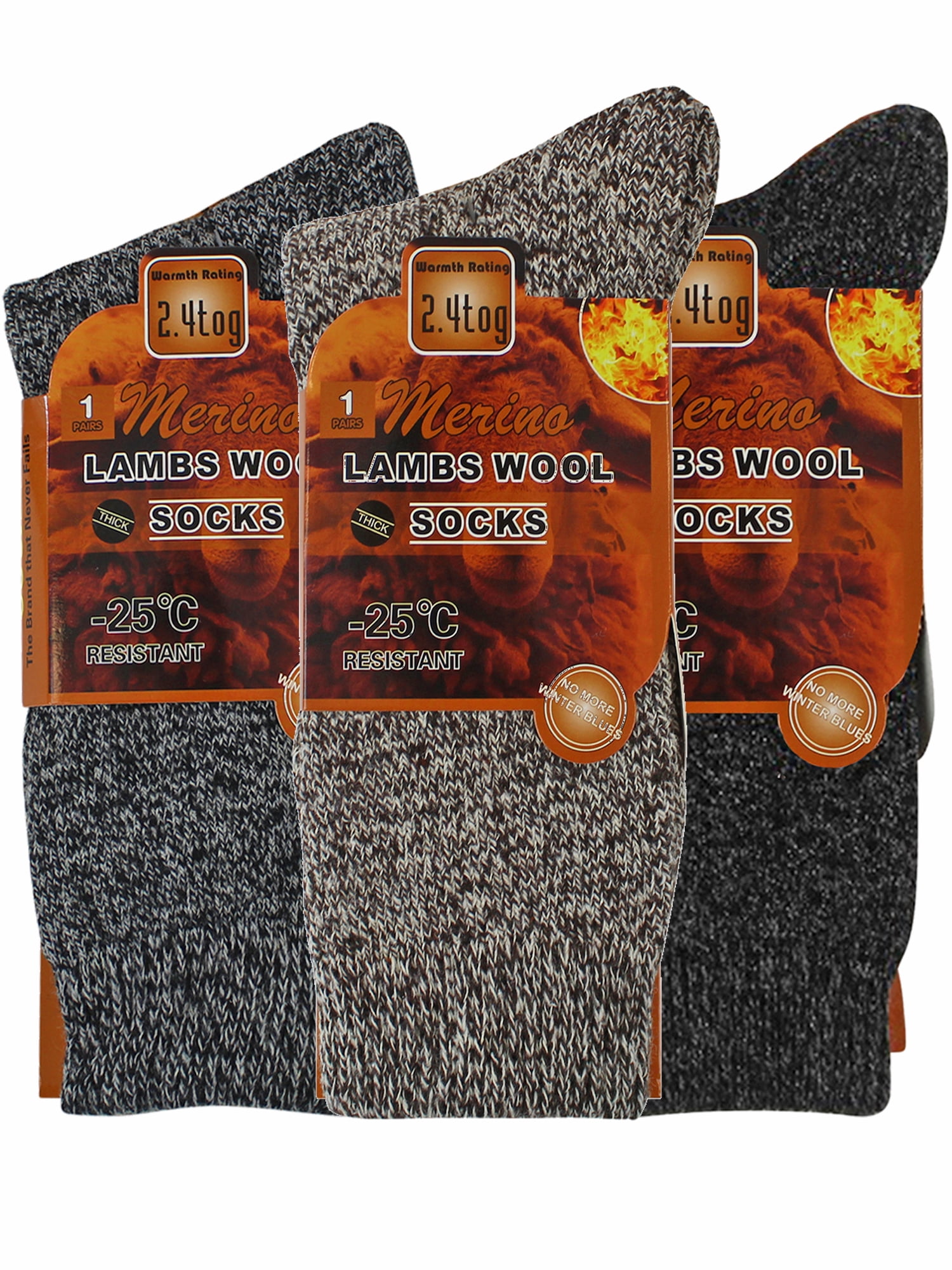 Mens 3-Pack Brown Gray Black Lambs Wool Mega Thermal Work Socks ...