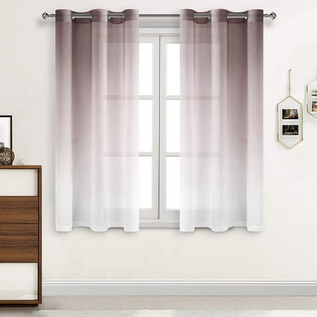Grey Faux Linen Ombre Sheer Curtains Gradient Semi Voile Drapes Grommet Top Window Curtains for ...
