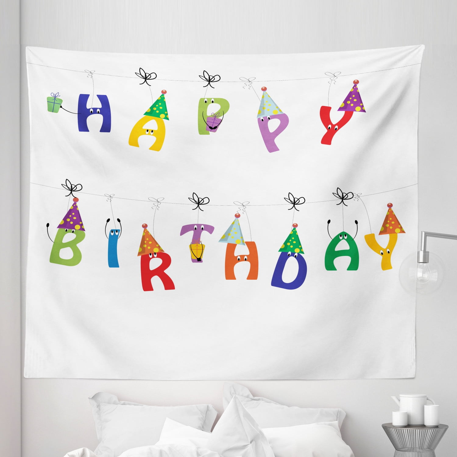 Birthday Tapestry, Celebration Colorful Letters on Funny Faces Pointy ...