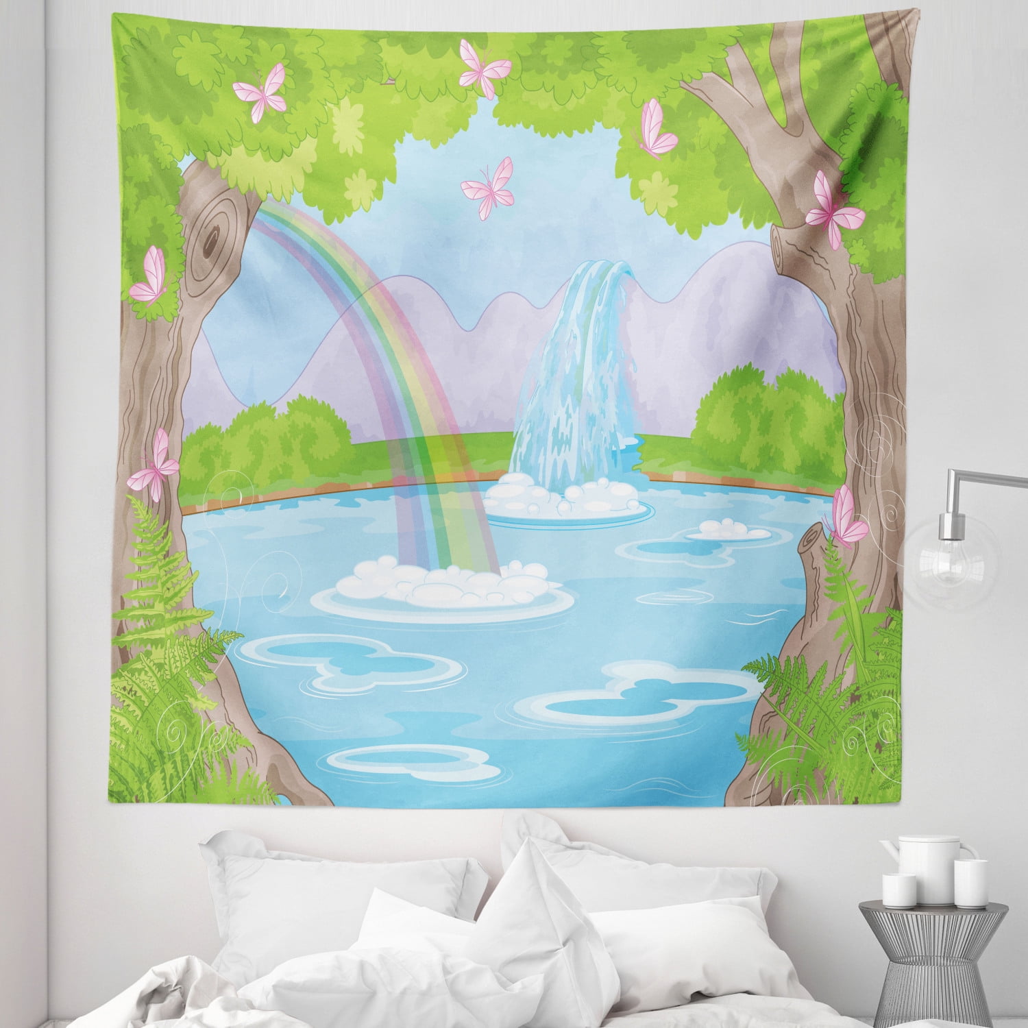 Feminine Tapestry, Print of Landscape with Waterfall Rainbow Lake ...