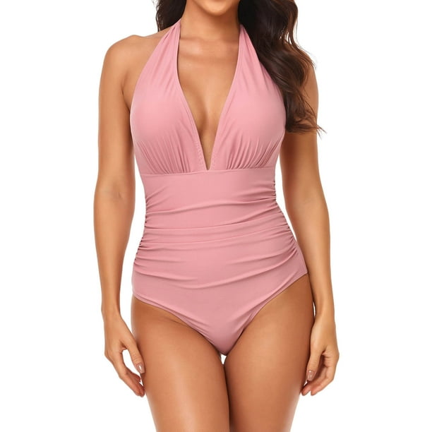 Jsaierl Women Deep V Neck Ruch Halter One Piece Swimsuit Backless