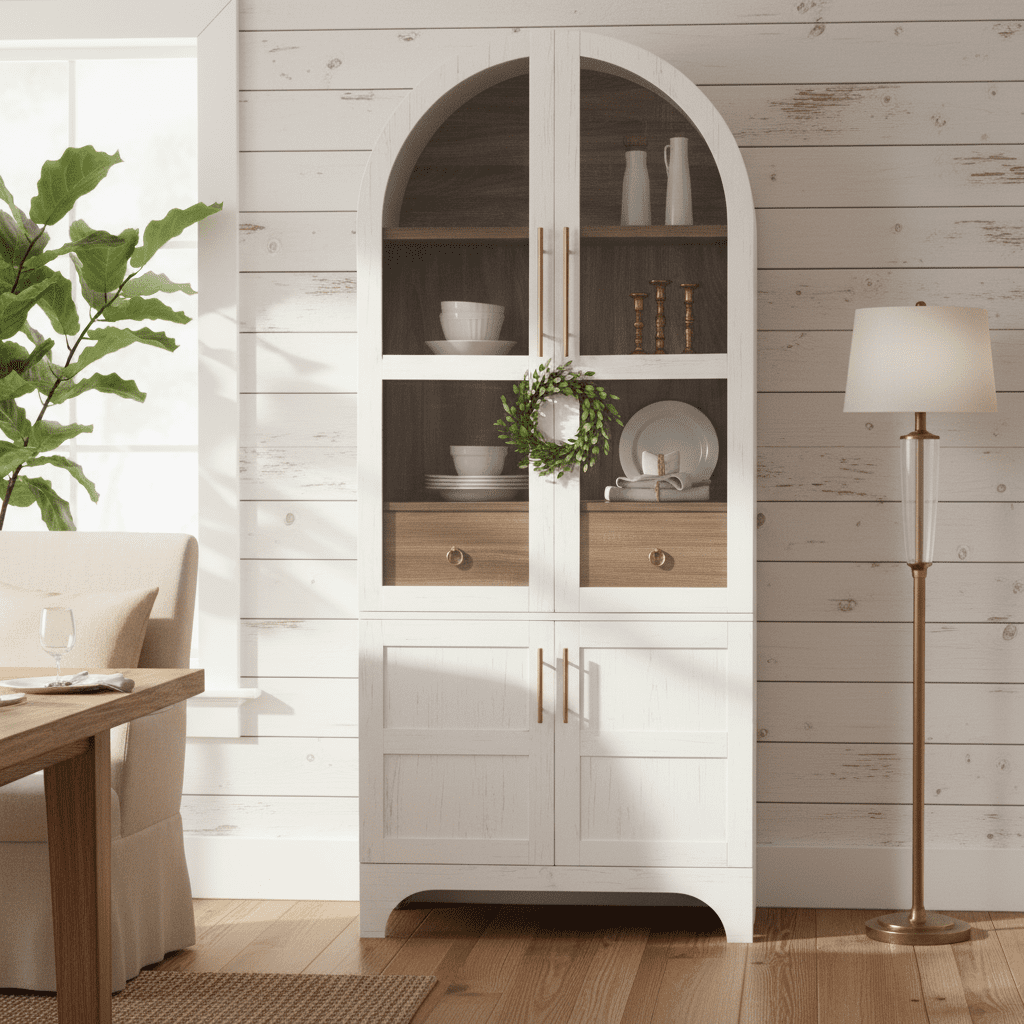 Homy Casa 71 Inch Arched Kitchen Pantry Cabinet With Glass Door 4 Adjustable Shelves  White
