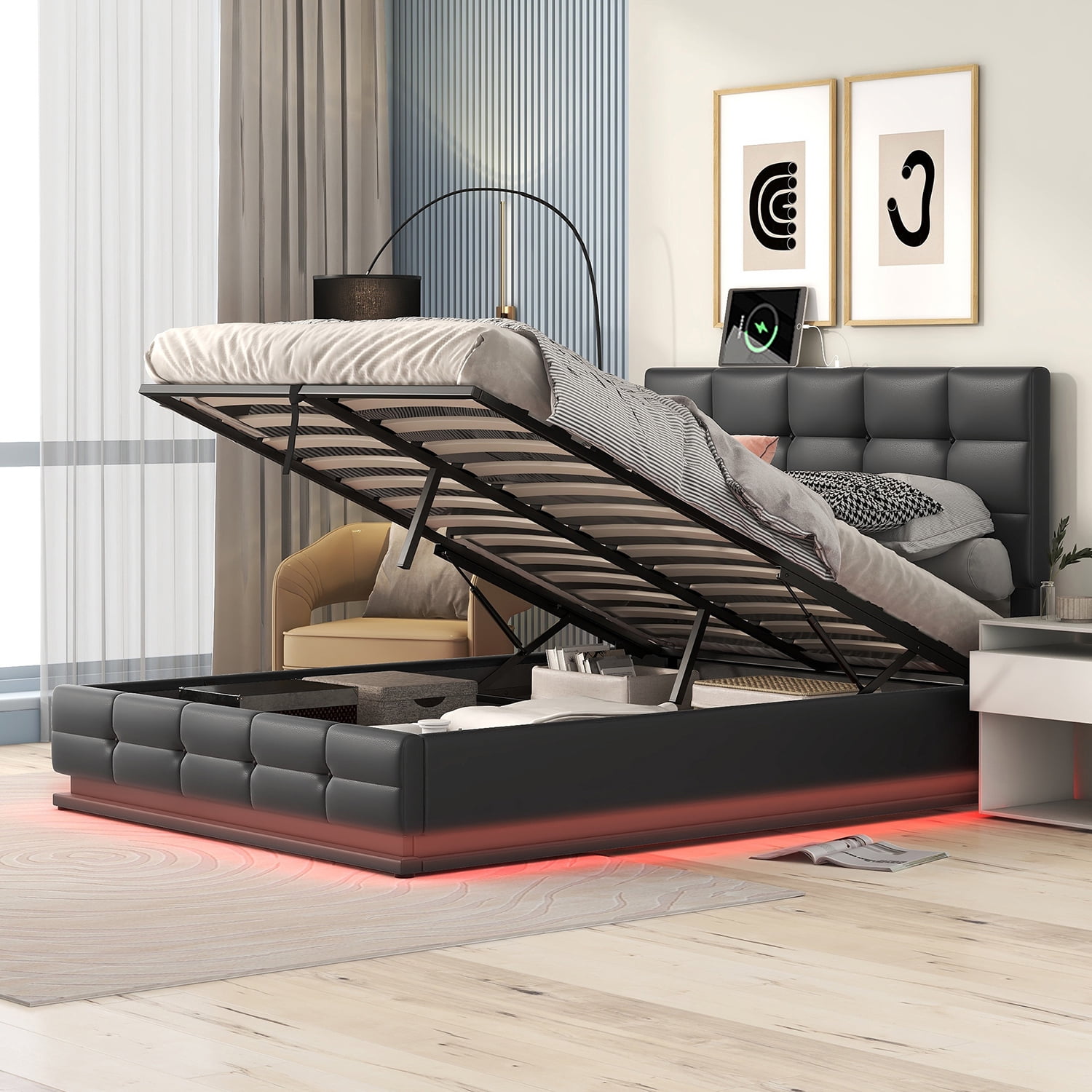 Churanty Upholstered Full Size Platform Bed with Gas Lift up Storage ...