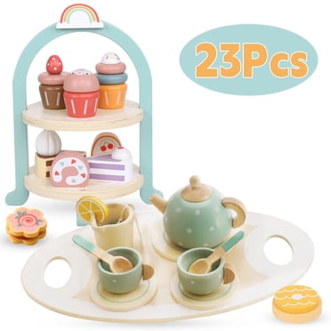 Kids Pretend Tea Set with Serving Plates, Cups, Cake Stand, Play Food ...