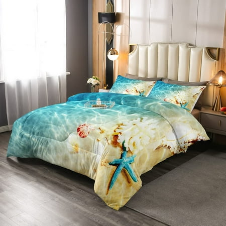 Ocean Comforter Set Twin Beach Bedding Set Coastal Nature Theme Teal ...