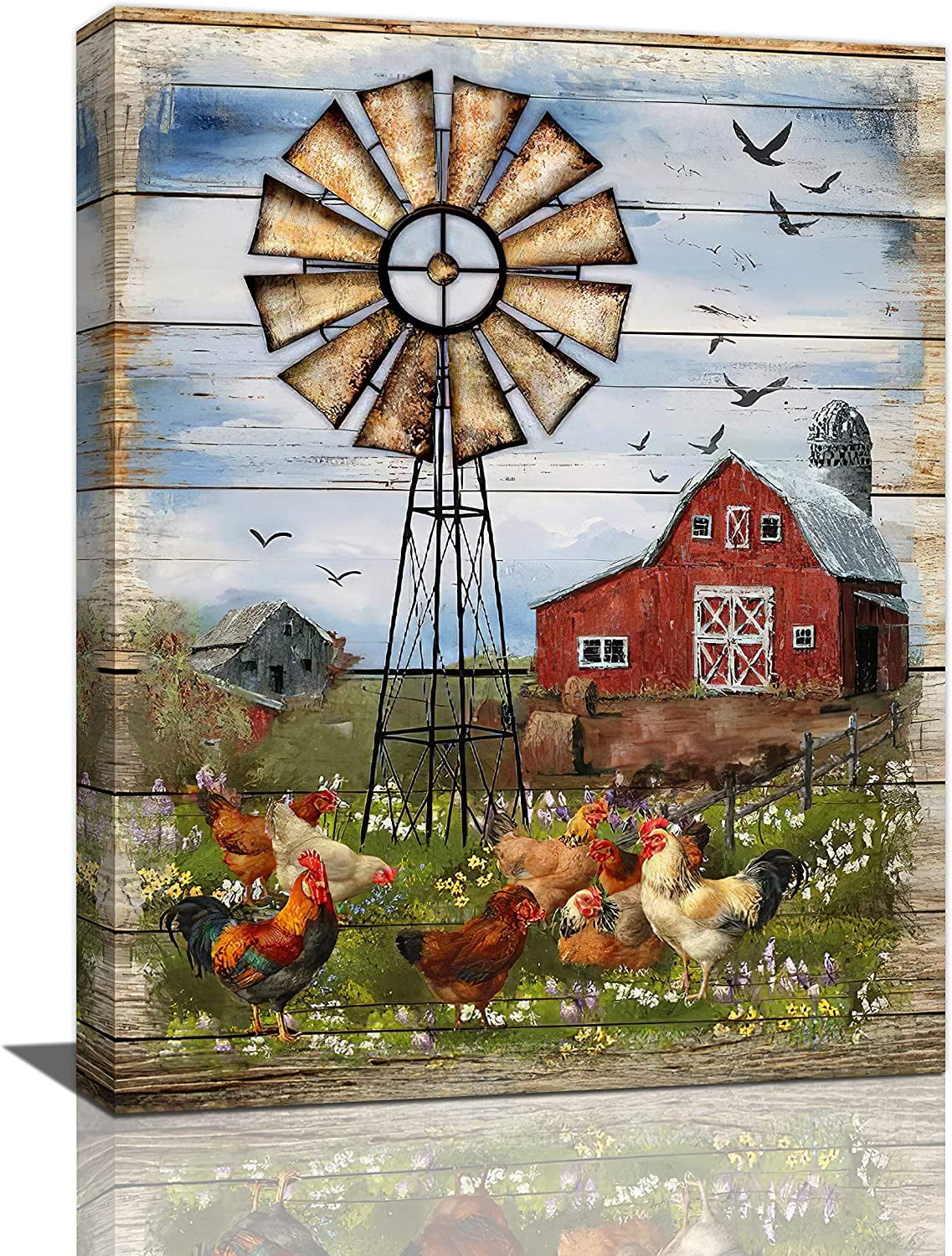 Farmhouse Chicken Wall Decor Rustic Windmill Barn Rooster Pictures Wall ...