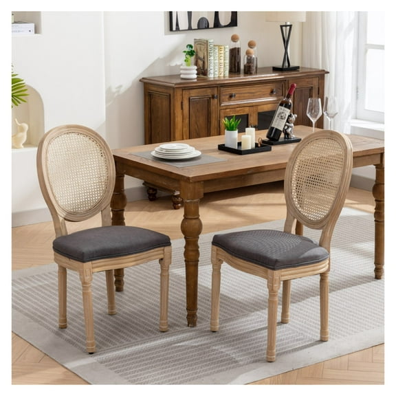 French Style Solid Wood Frame Linen Fabric Rattan Back Dining Chair,Set ...