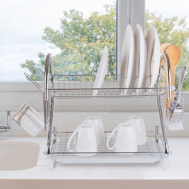 Chef Buddy Chrome Dish Drying Rack, 2 Tiered w/ Cup and Utensil Holders ...