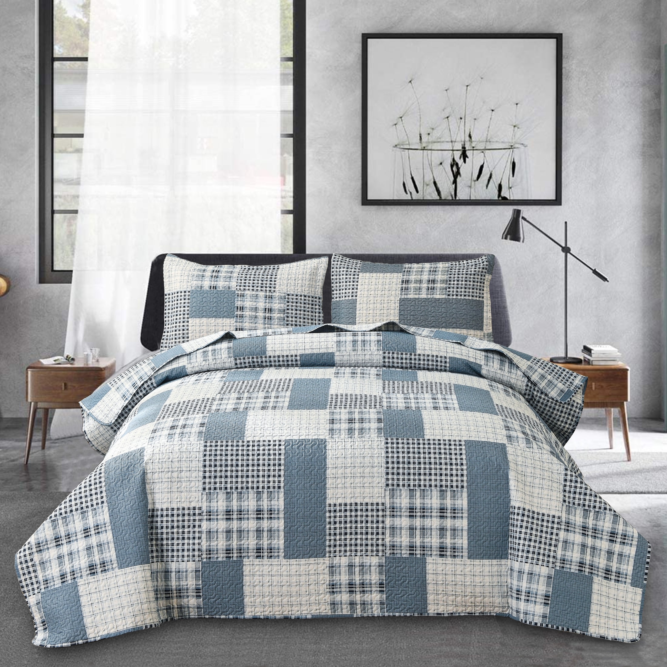 Jessy Home Patchwork Bedspread King Size Gray White Blue Plaid Quilt ...