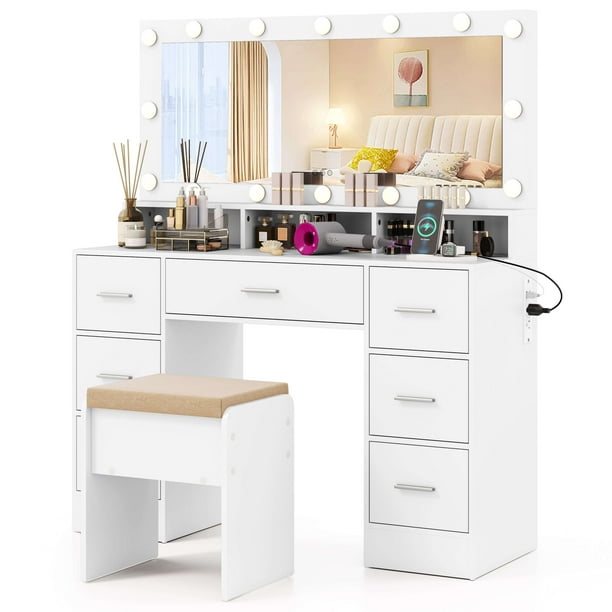 Costway Makeup Vanity Desk with Mirror and Lights Charging Station 3 ...