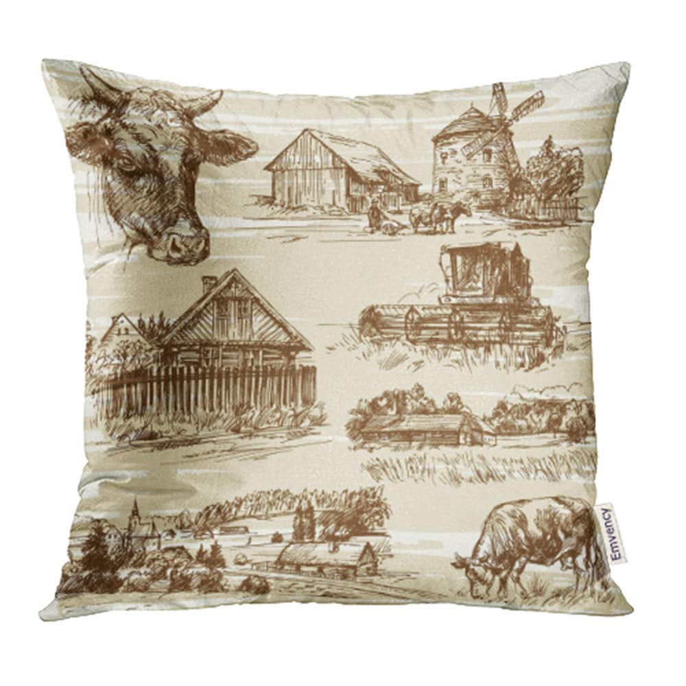 CMFUN Old Farm Cows Harvest Rural Landscape Hand Drawn Sketch House ...