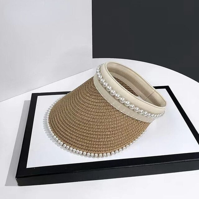CoCopeaunts Summer Straw Empty Top Hat Woman Pearl Sun Visor Hat Ladies ...