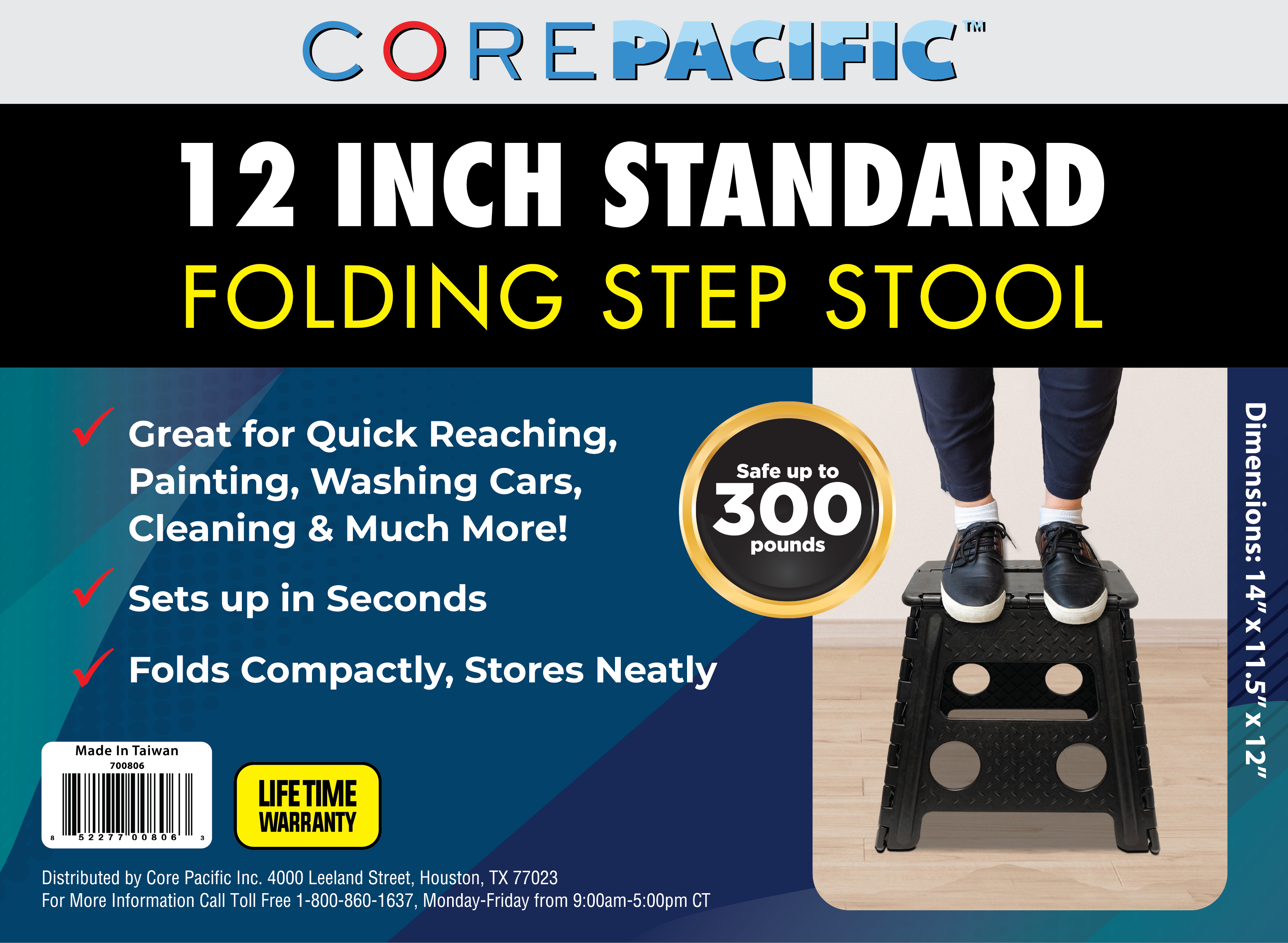 Core Pacific 12 inch Compact Durable Standard Design Anti Slip Folding Step Stool 2 Pack