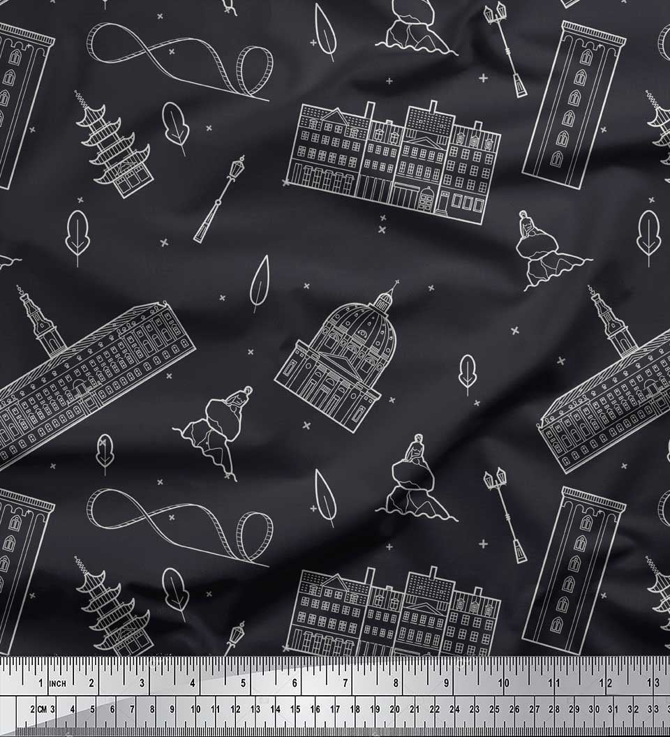 Soimoi Grey Modal Satin Fabric Street Light & Monuments Architectural ...