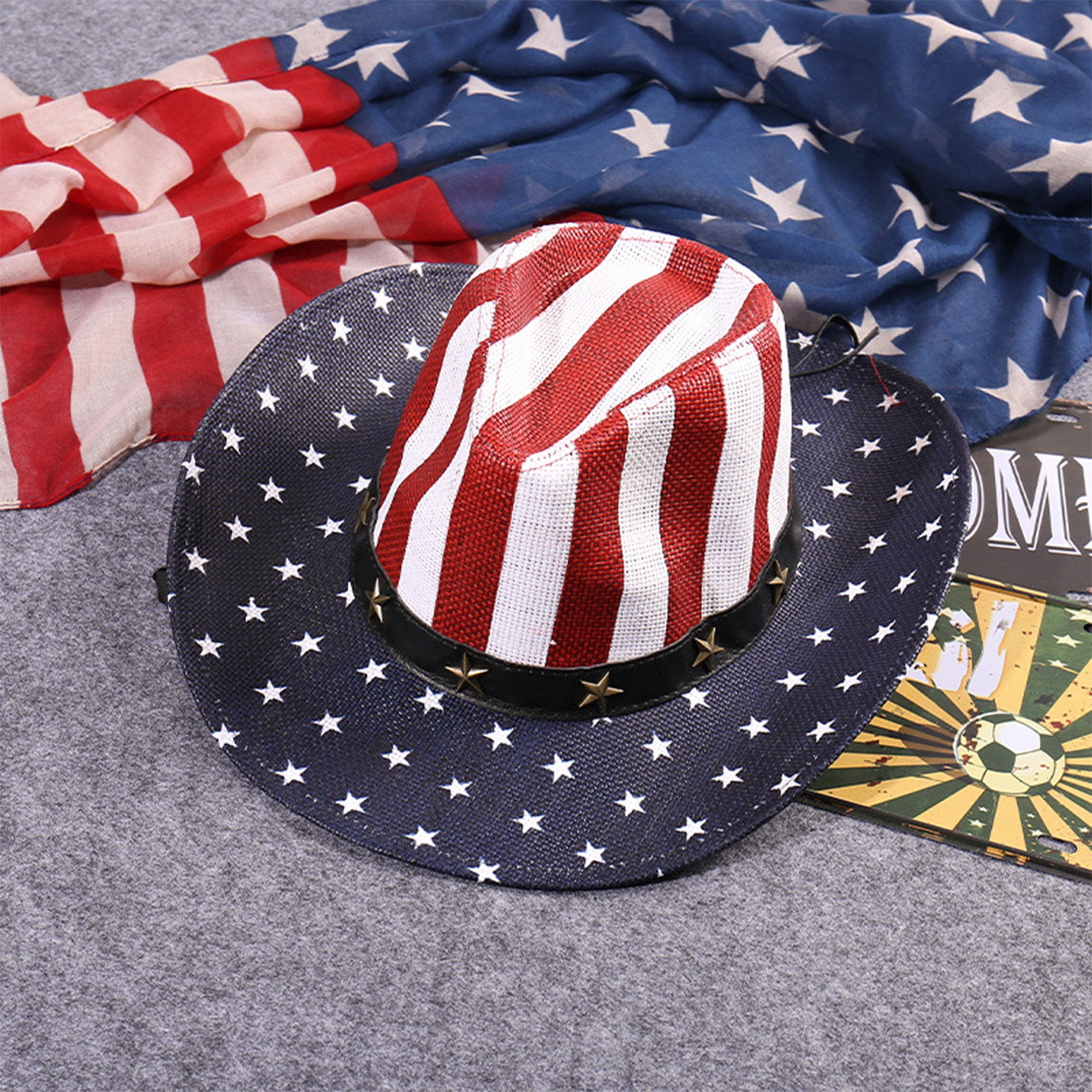 American Flag Western Cowboy Hat for Women Mens Roll Up Brim with Belt ...