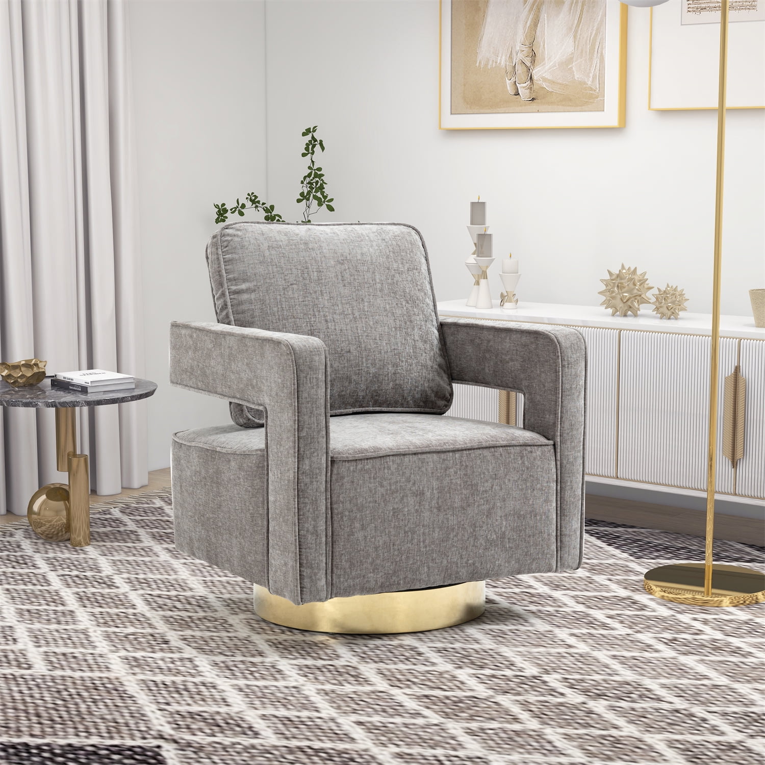 Swivel Accent Chair, Modern Swivel Accent Open Back Chair with Gold ...