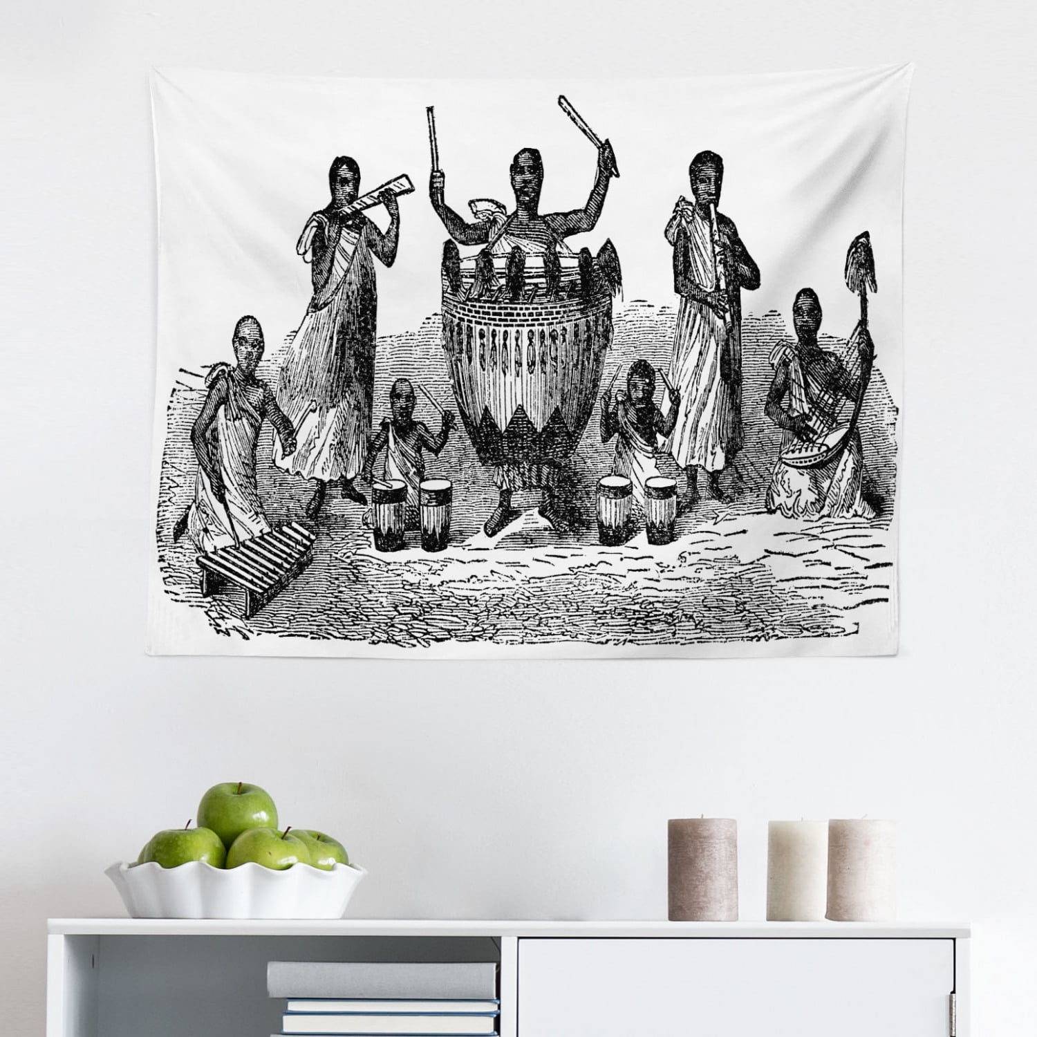 Drums Tapestry, Long Font Drummer Wording with Cartoon Style Graphics ...