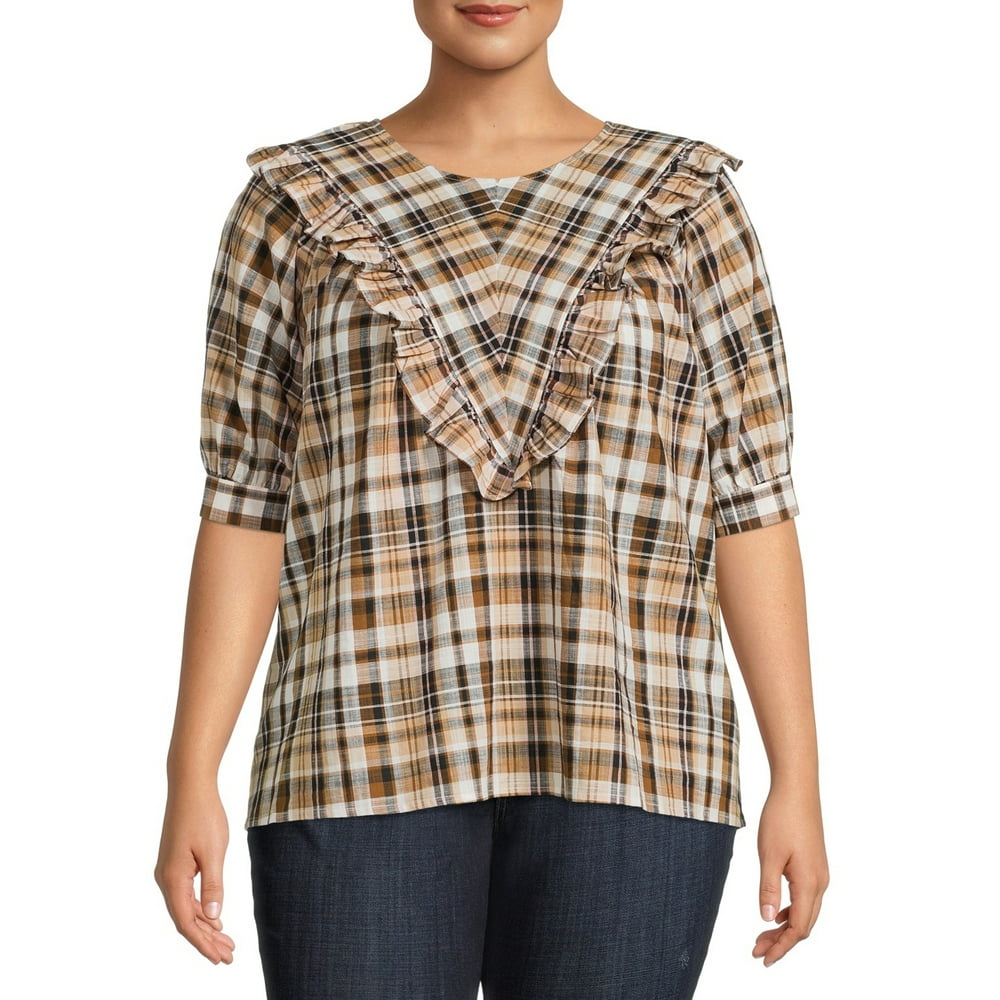 Terra And Sky Terra And Sky Womens Plus Size Short Sleeve Ruffle Woven