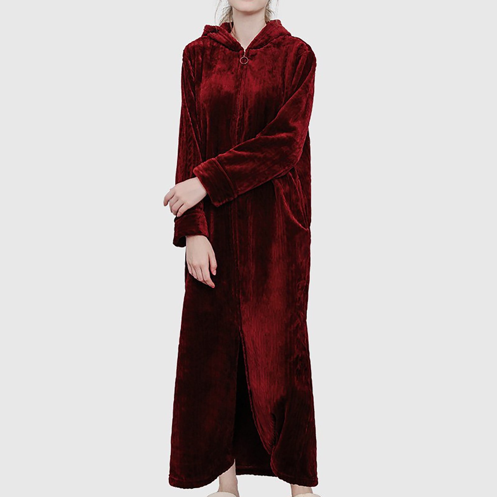 Miqool Womens Housecoat Zip Robe Plus Size Winter Hooded Bathrobe Coral ...