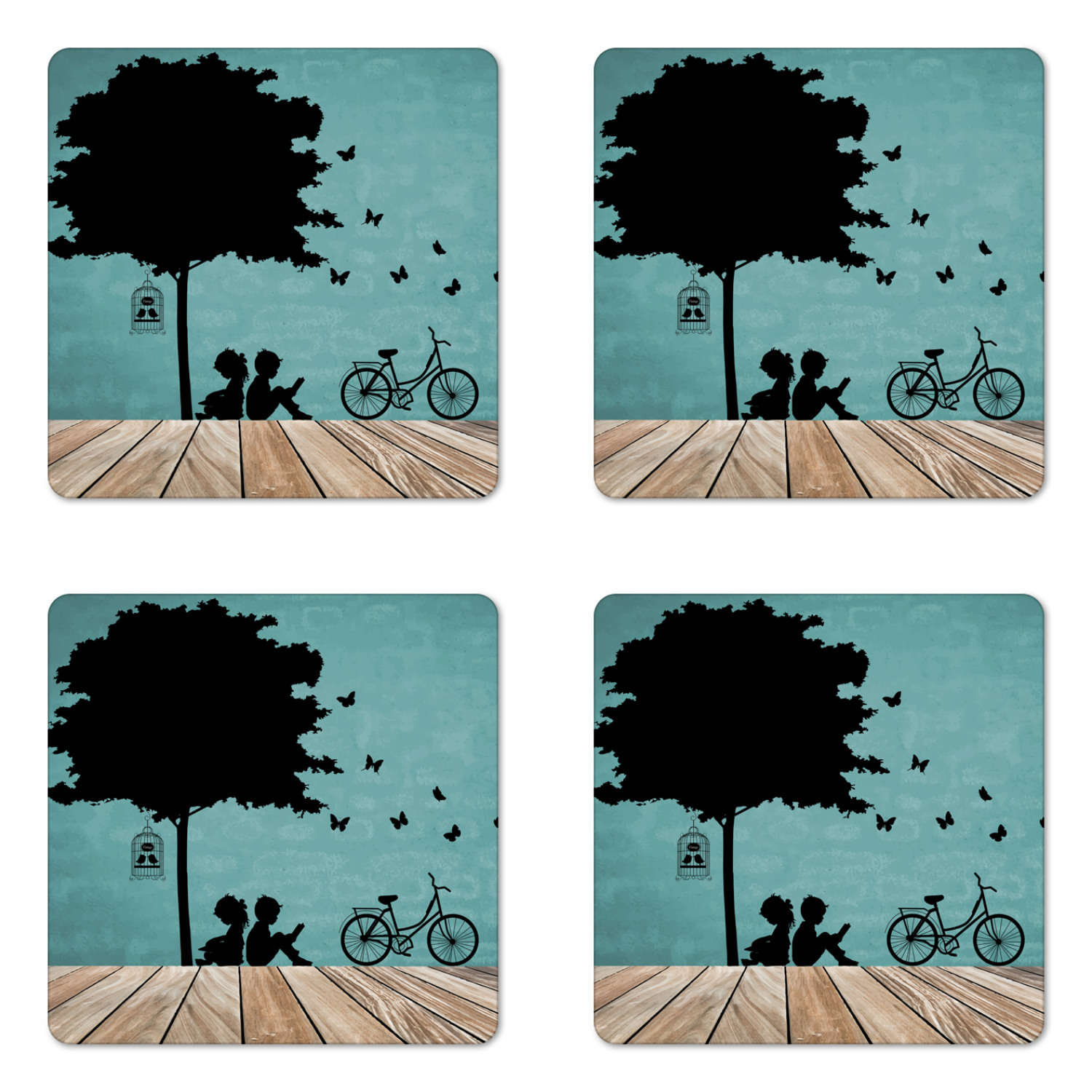 Nature Coaster Set of 4, Boy and Girl Children Reading Under Tree a ...