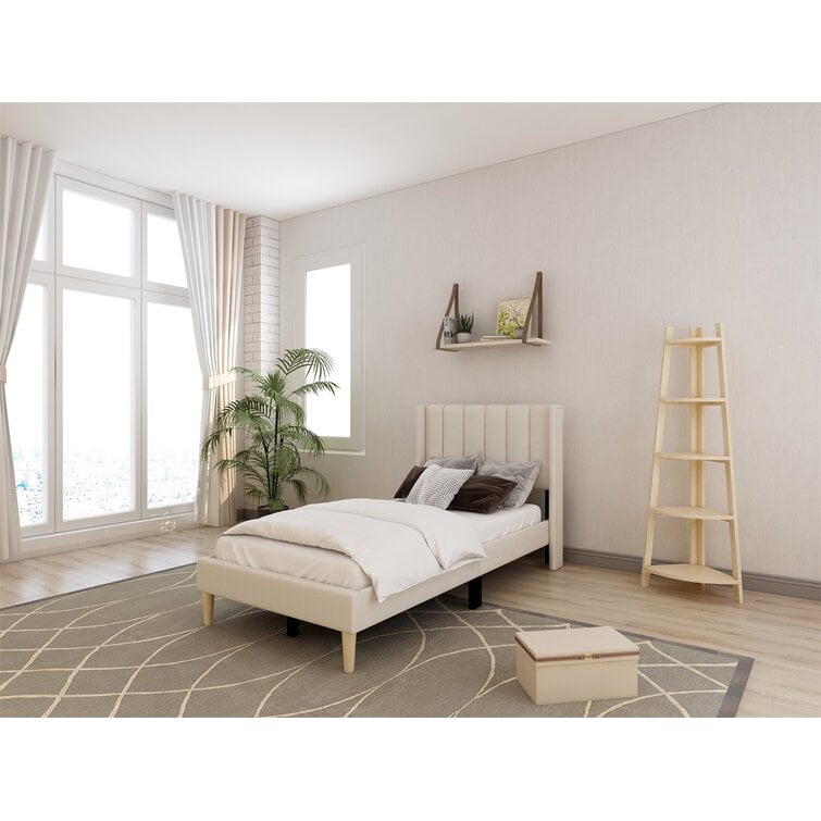 Tslinn Low Profile Upholstered Platform Bed,Twin Beds With Beige(Linen ...