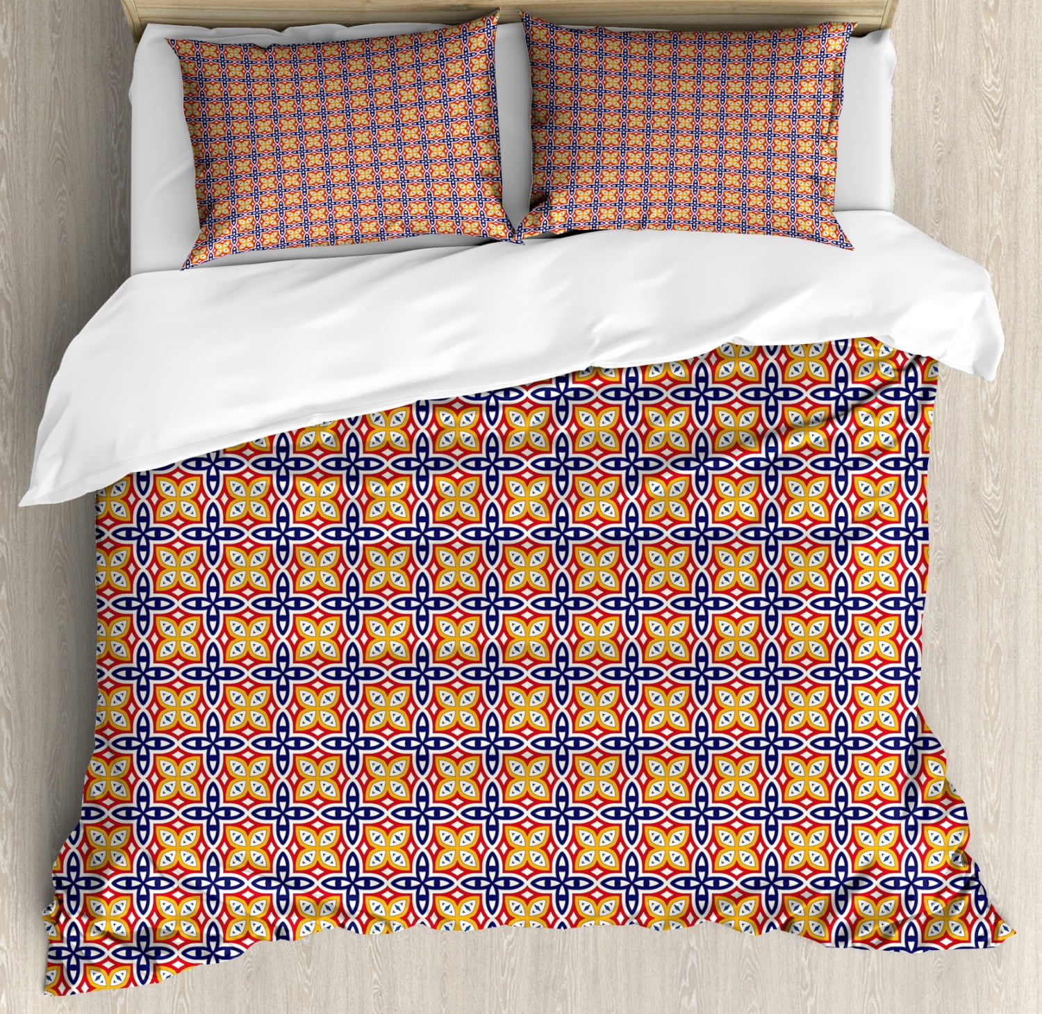 Yellow and Blue Queen Size Duvet Cover Set, Colorful Grid Flower ...