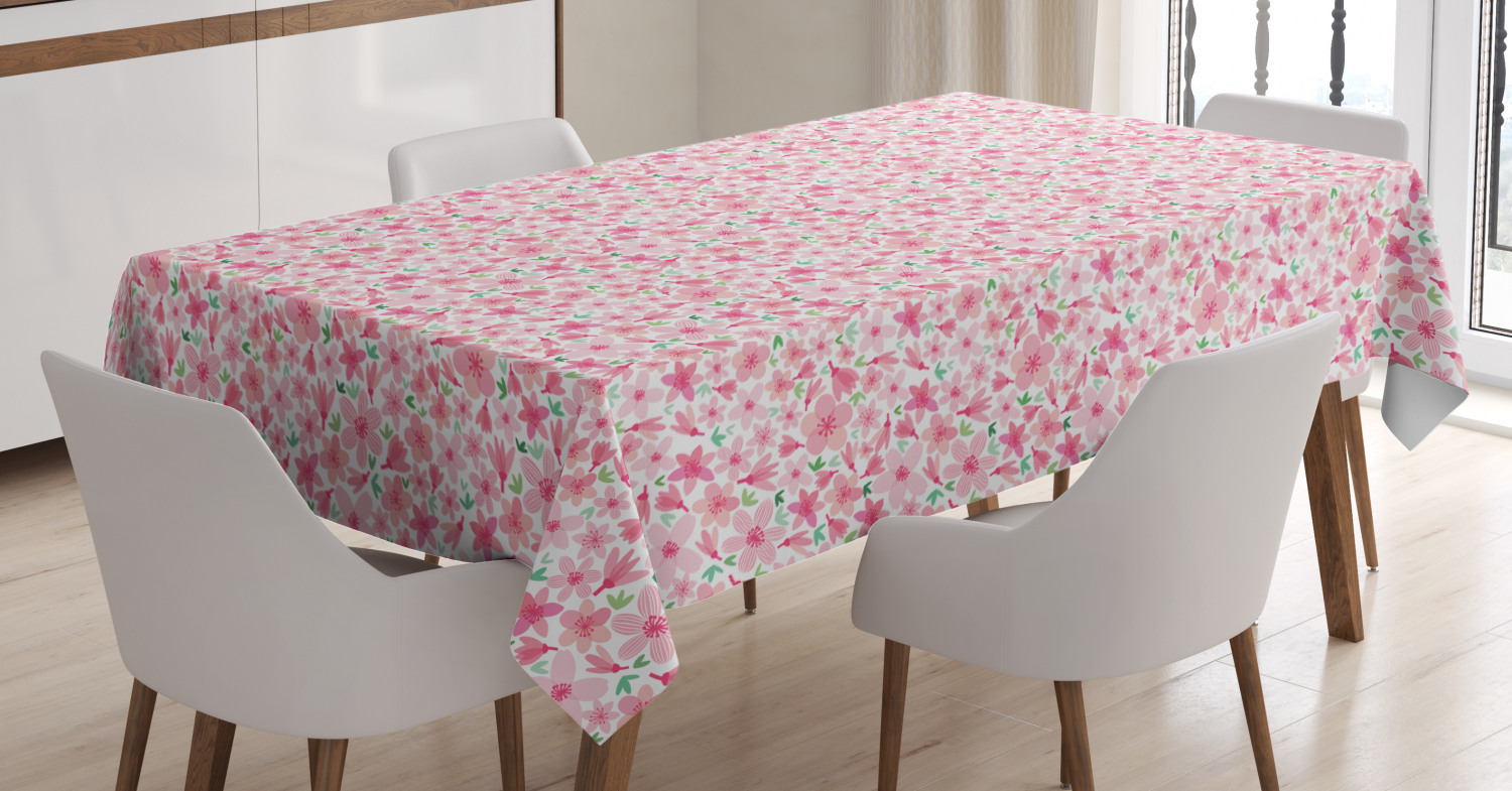 Cherry Blossom Tablecloth, Mingled Cartoon Style Design of Bloomed ...