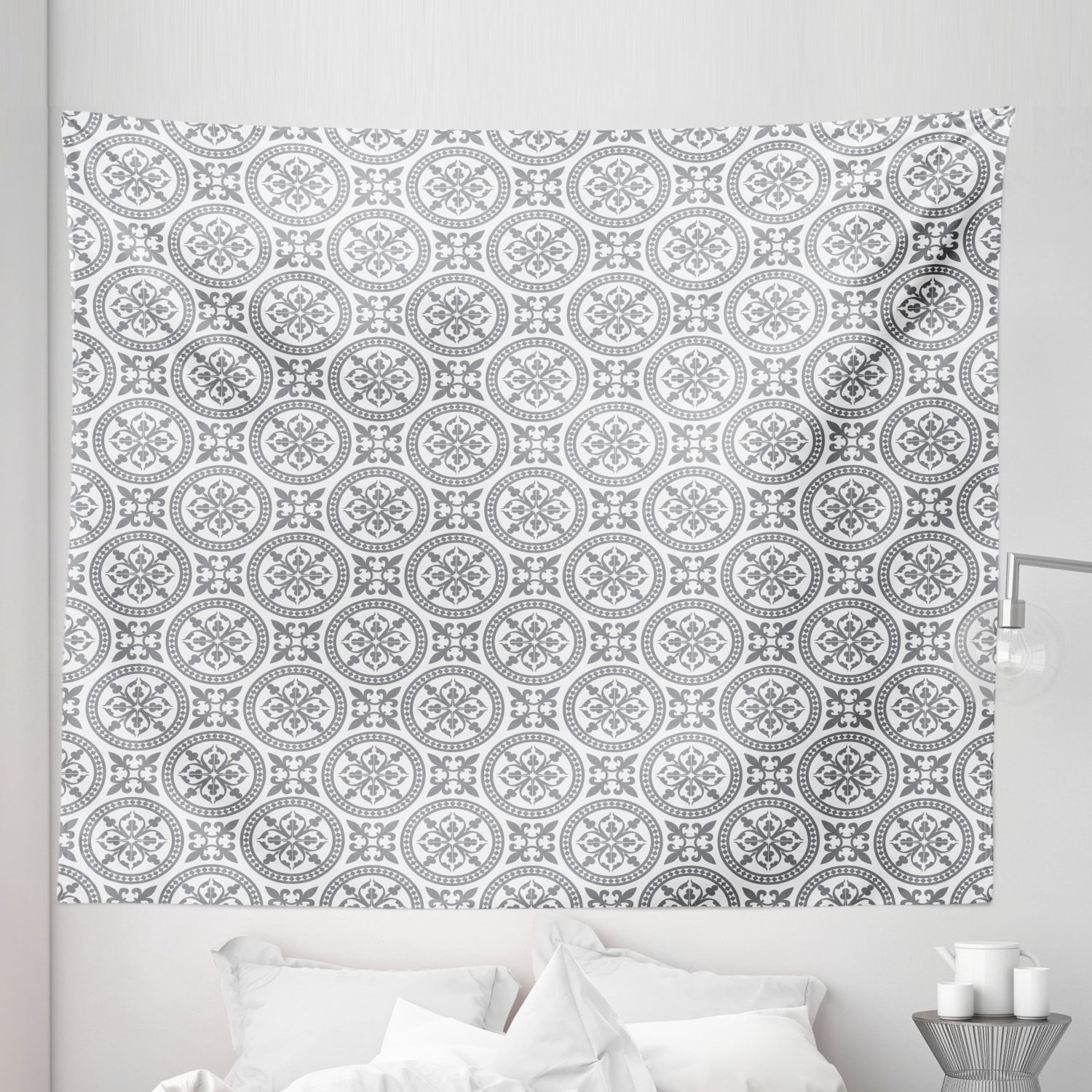 Grey Tapestry, Antique Ornate Oriental Floral Motifs Retro Pattern in ...