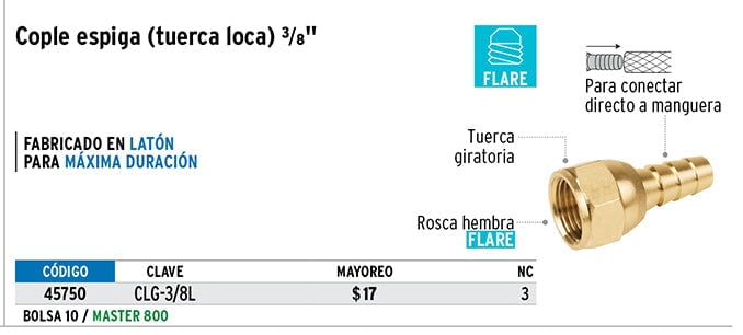 Cople espiga con tuerca giratoria (tuerca loca), latón, 3/8' Foset ...