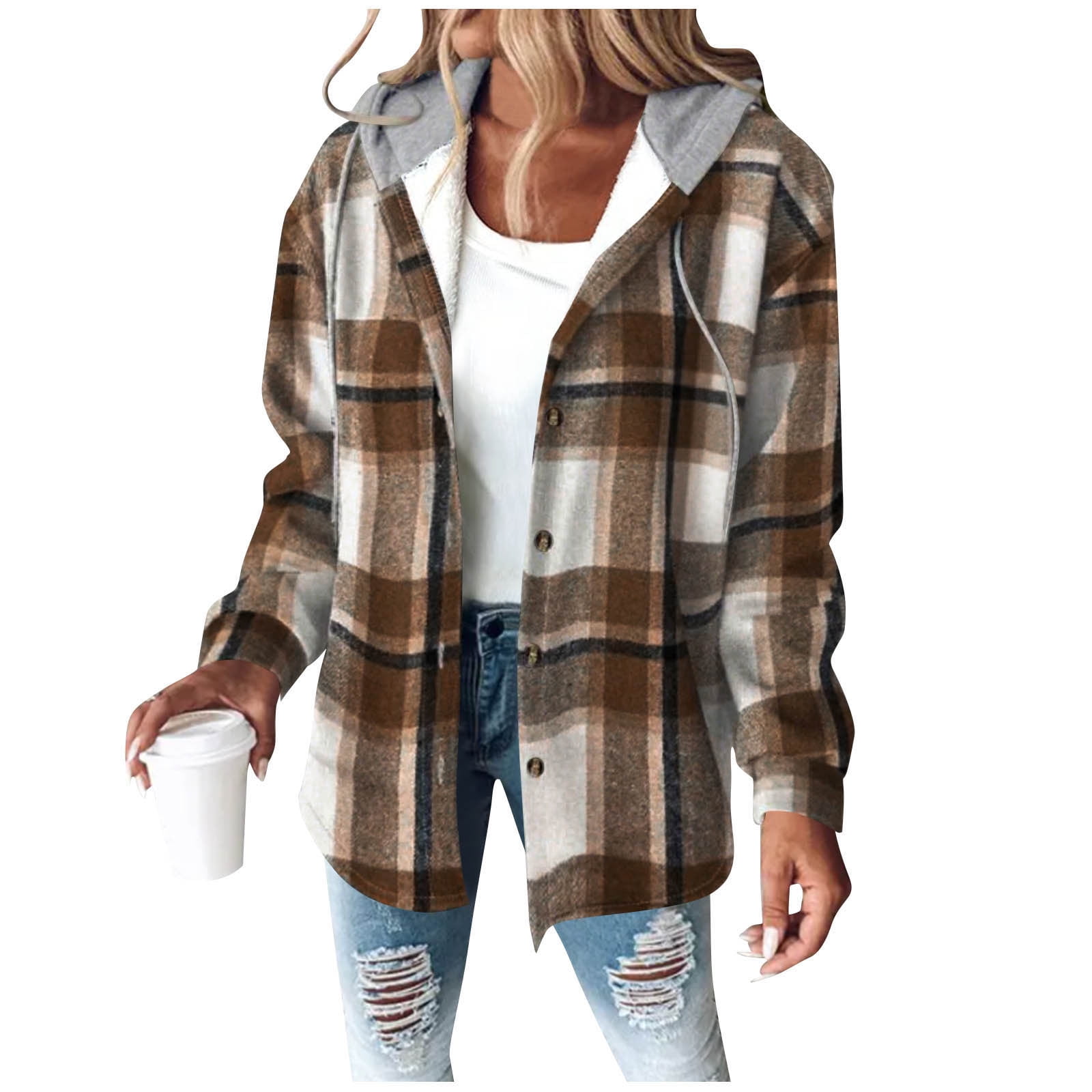 Click here for Aohooy Womens Plaid Hooded Shirts Button Down Long... prices