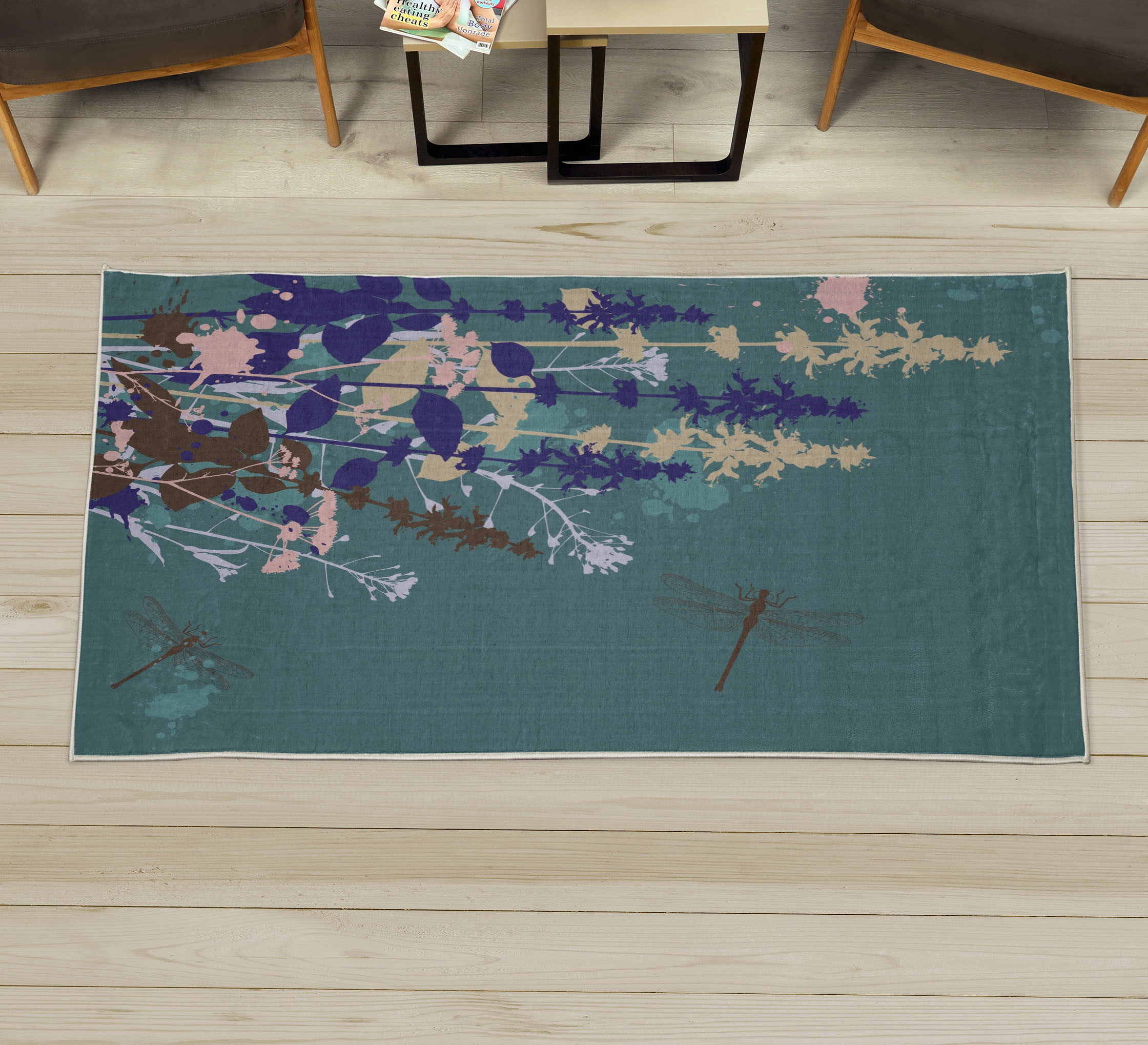 Dragonfly Decorative Rug, Nature Plants Grass with Wildflowers with ...