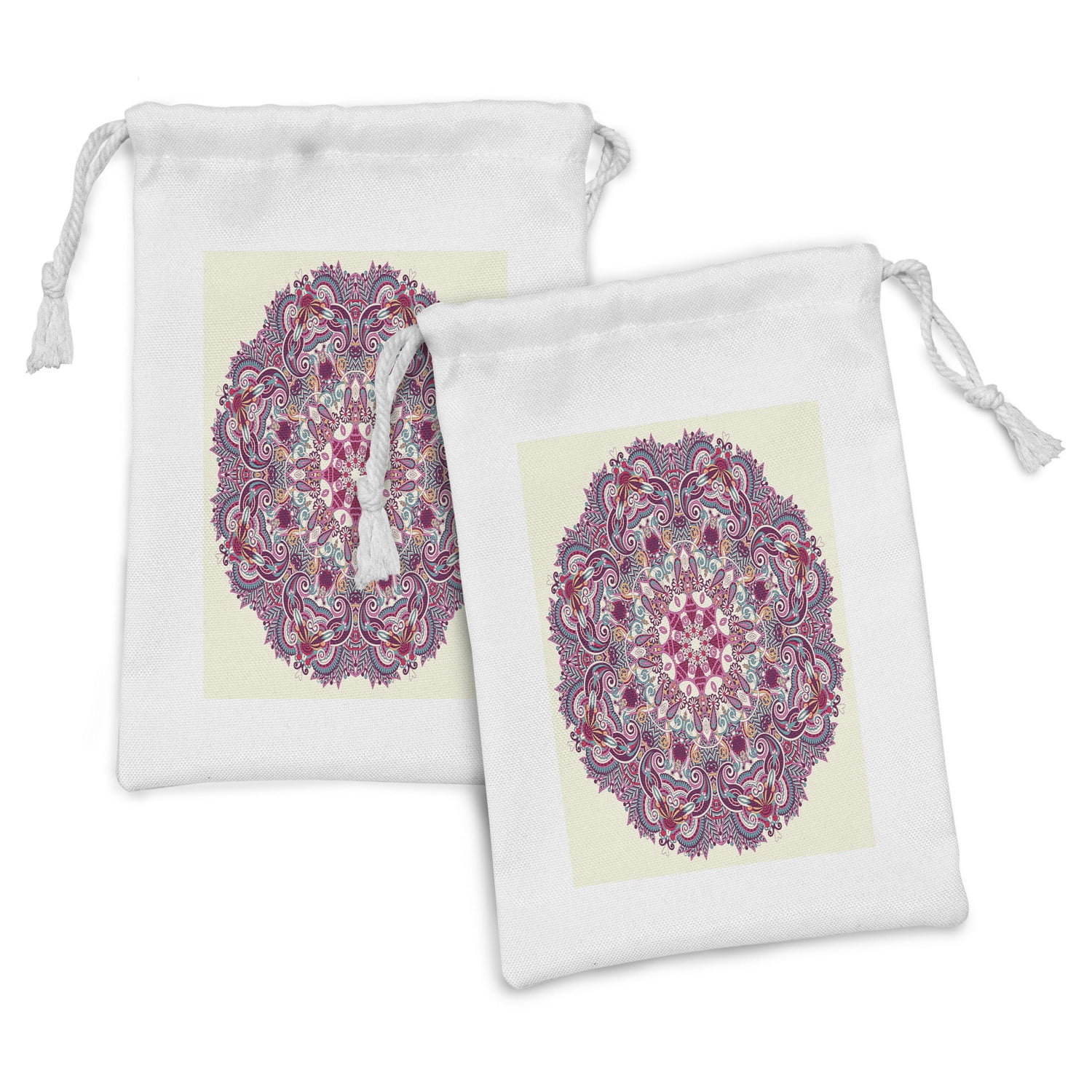 Mandala Fabric Pouch Set of 2, Detailed Pattern Flower and Leaves ...