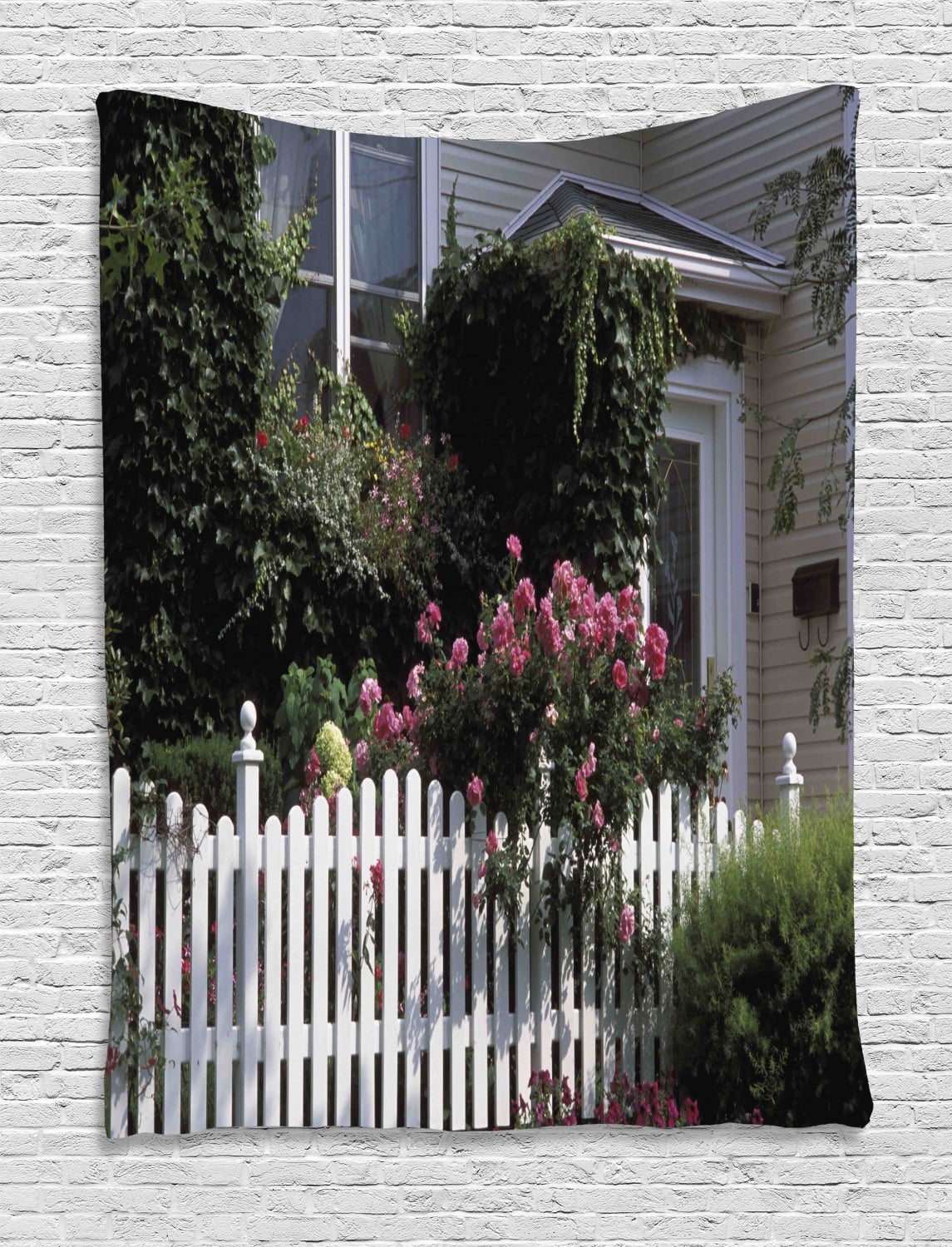 Fence Tapestry, Wooden Country House with Rose Garden Flowers Cozy ...