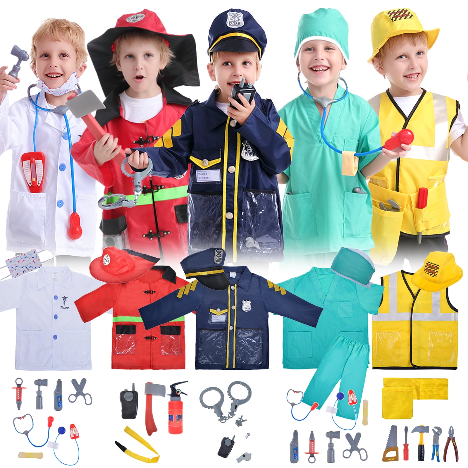 Toptie 5 Sets Kids Dress Up Costumes for Preschool, Doctor Firefighter ...