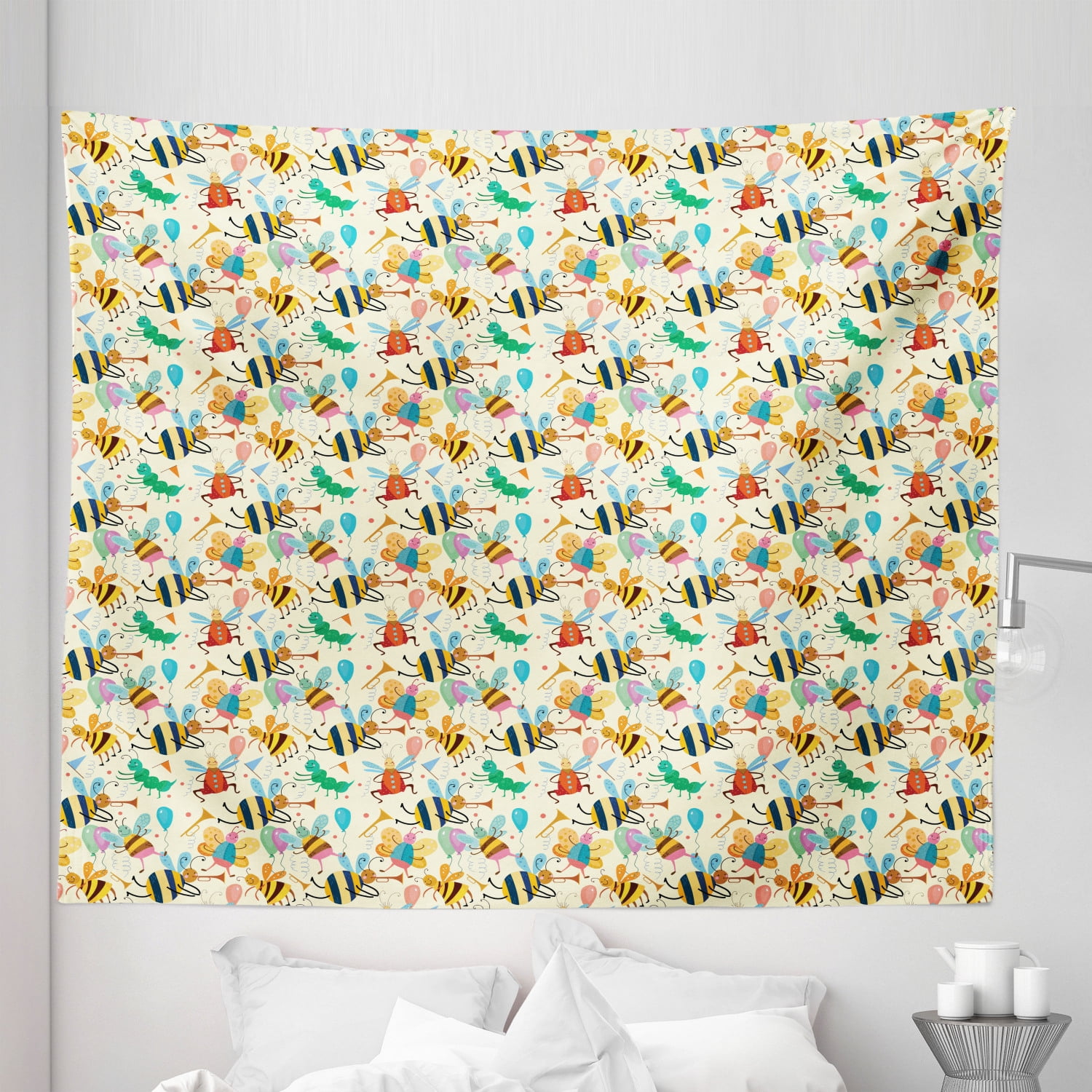 Bee Tapestry, Graphic Bee Partying Dancing Playing Music Together with ...